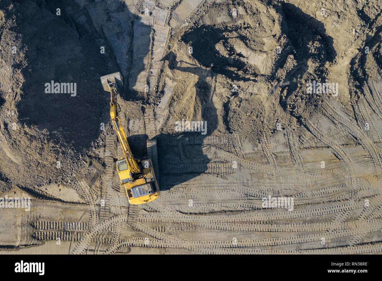 Aerial view of excavator and construction equipment. Machinery and mine ...