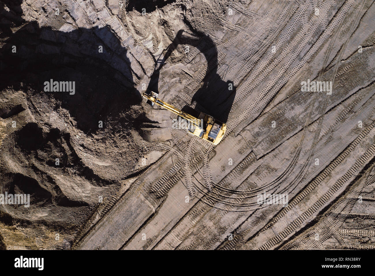 Aerial view of excavator and construction equipment. Machinery and mine ...