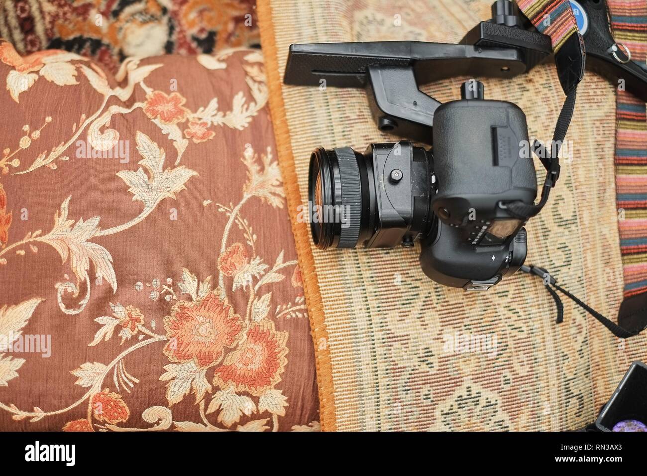 Top view, professional camera. Objects on the light carpet floor ...