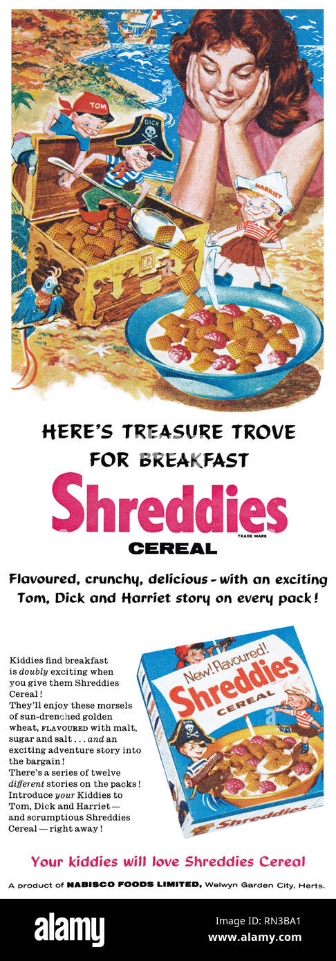 1957 British advertisement for Shreddies breakfast cereal by Nabisco ...