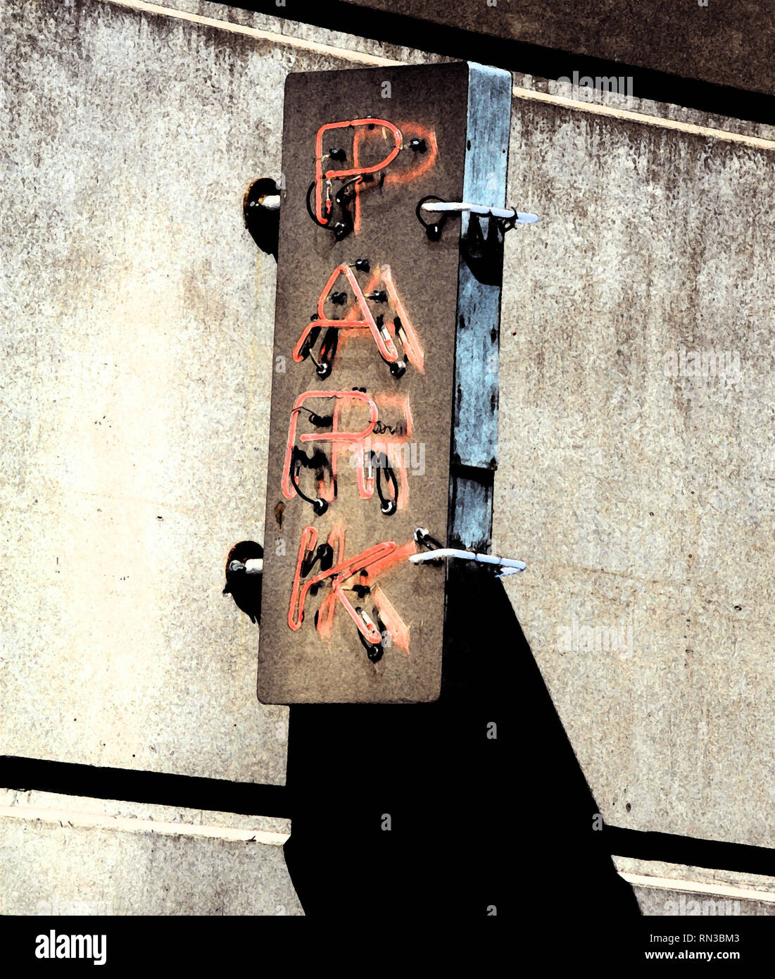 City sign flashes "Park" to advertise high rise parking spaces. Sign is ...