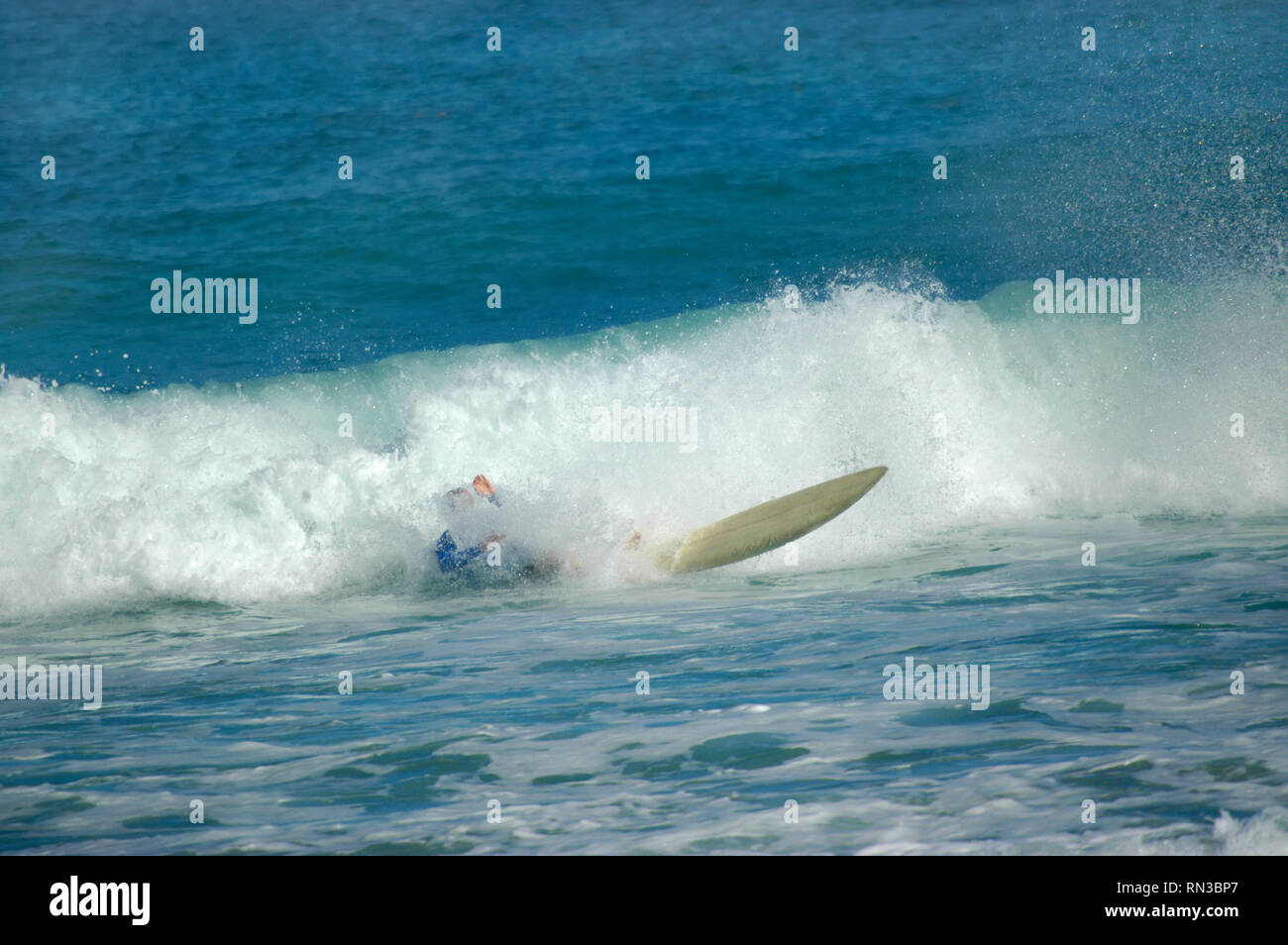 Surfer crashes and is buried in spray as he enjoys surfing the waters ...