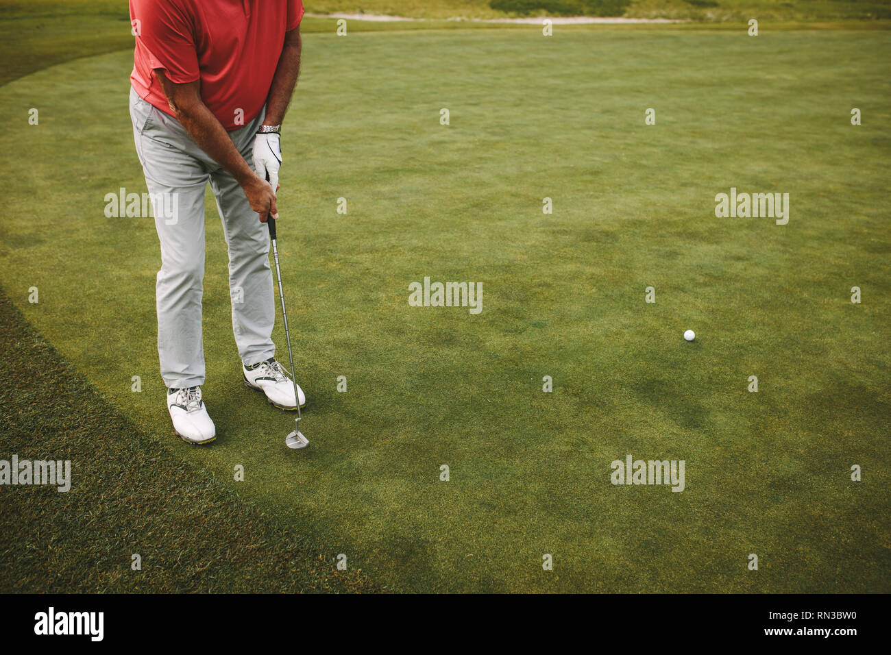 Male golfer on putting green making the shot. Senior golf player ...