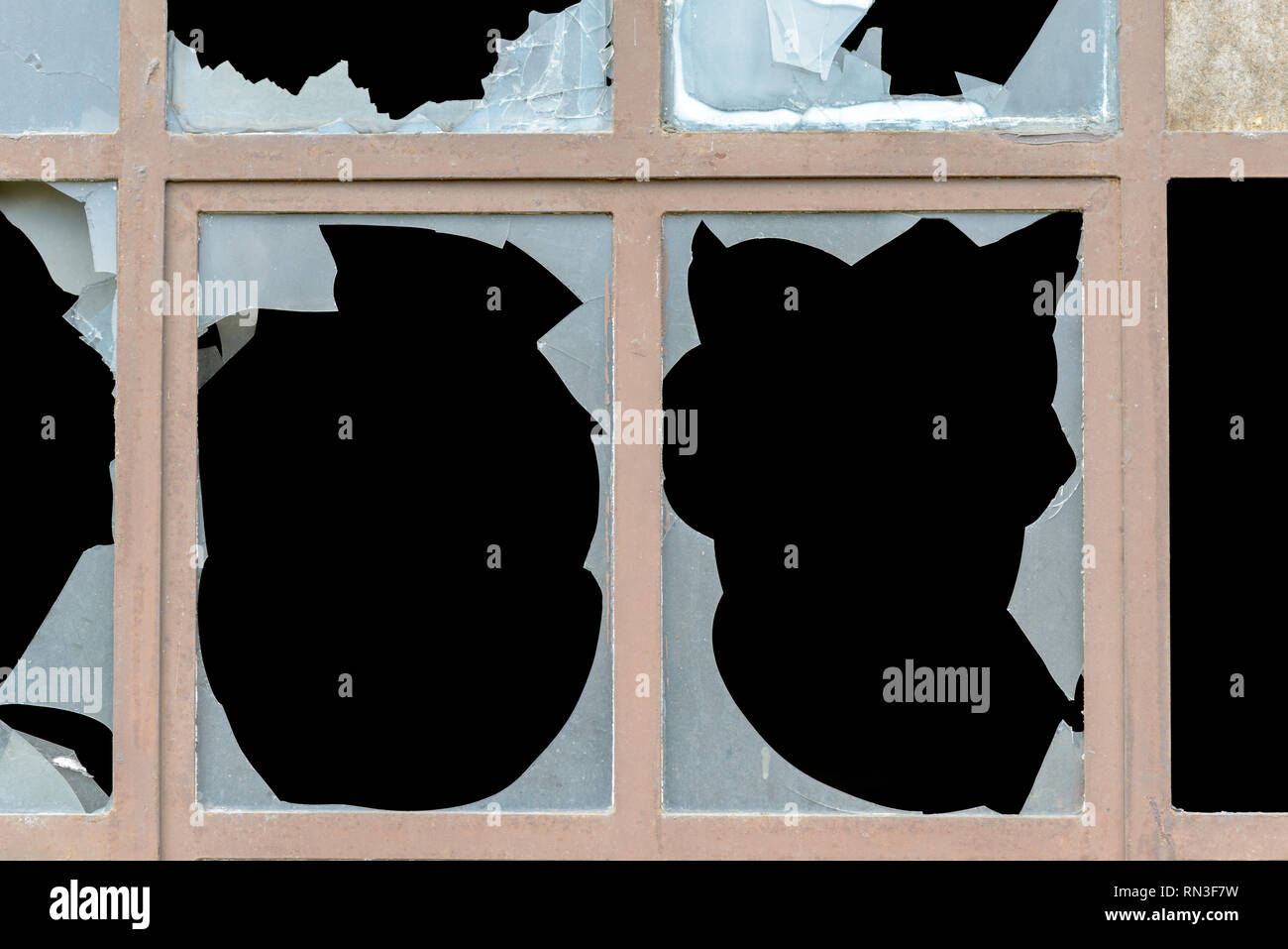 Old window with broken panes of opaque white glass with jagged edges in ...