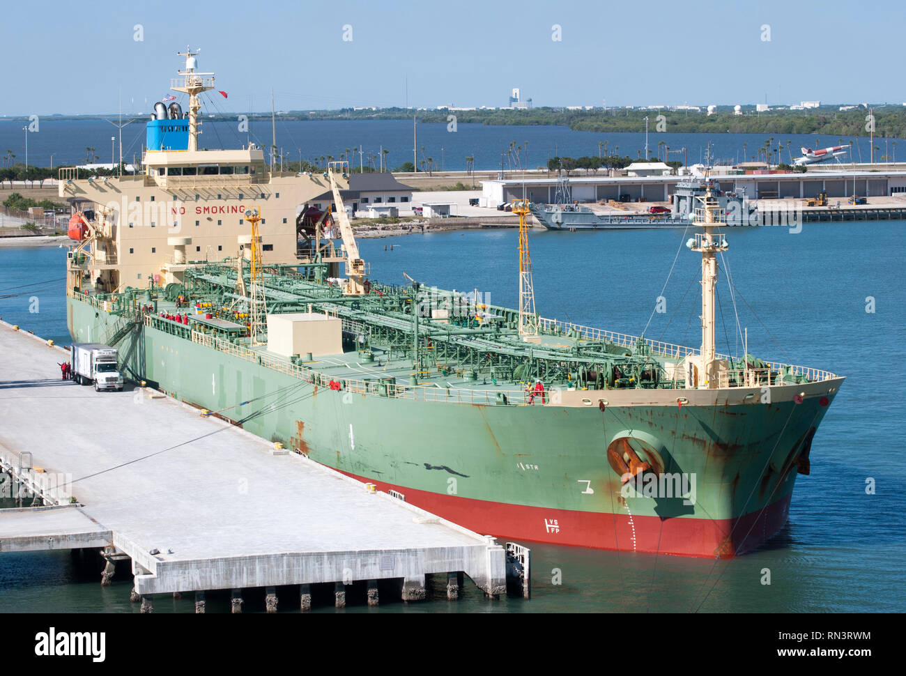 The green color tanker moored in Cape Canaveral city port (Florida ...