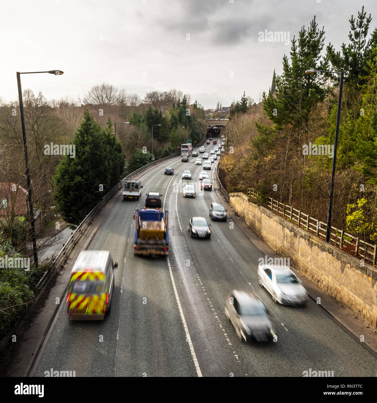 Newcastle, England, UK - February 6, 2019: Heavy traffic flows on the ...