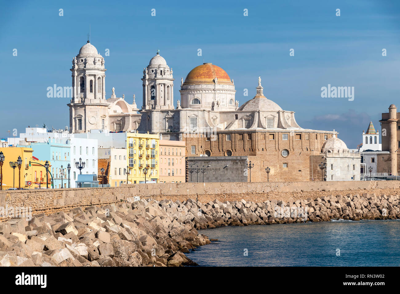 View of the cathedral of cadiz from the promenade, andalusia, spain hi ...