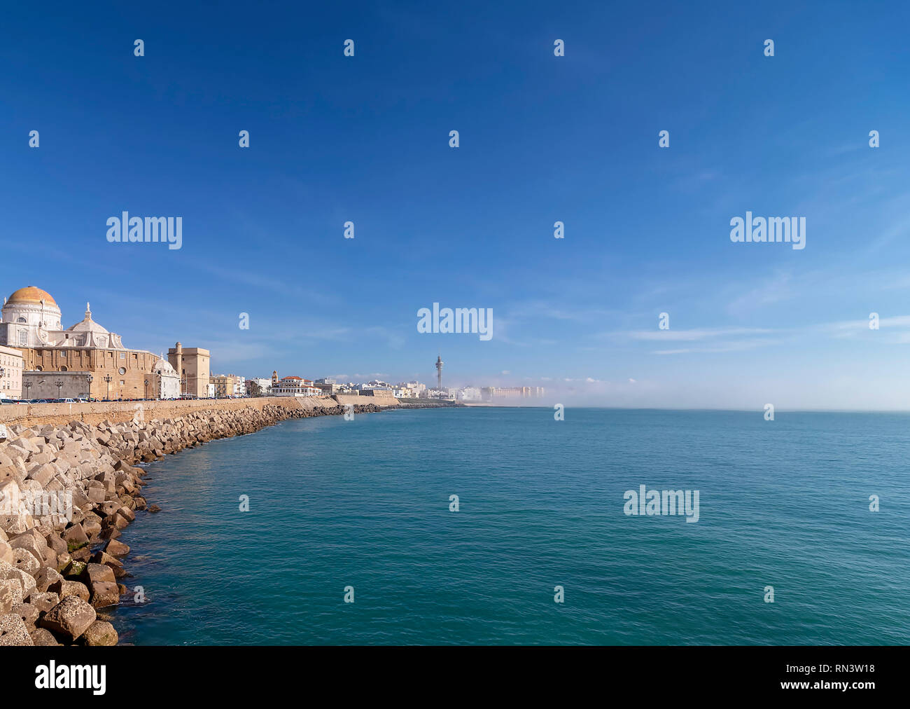 Seaside view in Cadiz Andalusia Spain. Central city seafront. Fog above ...
