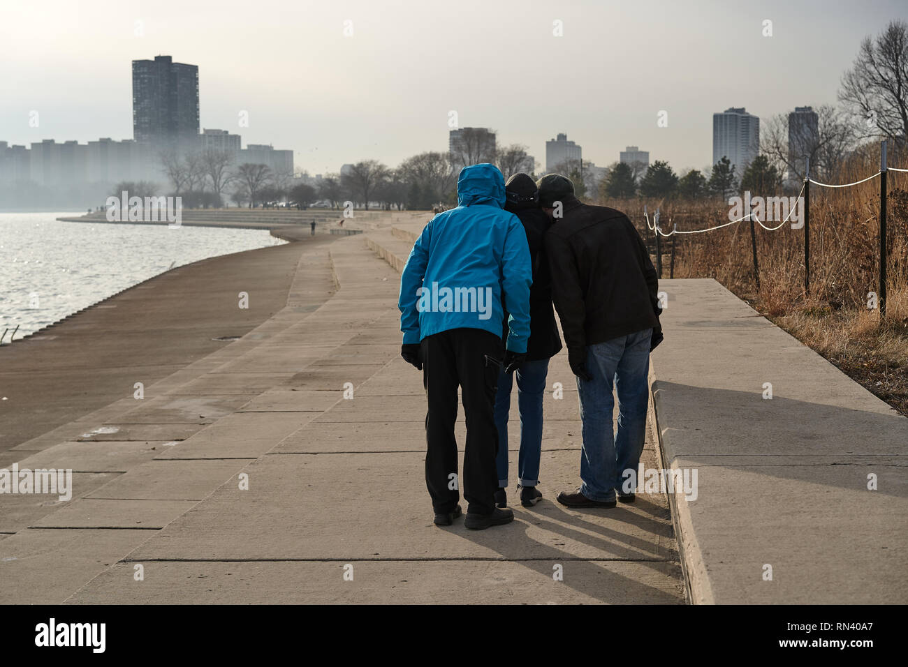 view of 3 people from the rear, sharing information Stock Photo - Alamy