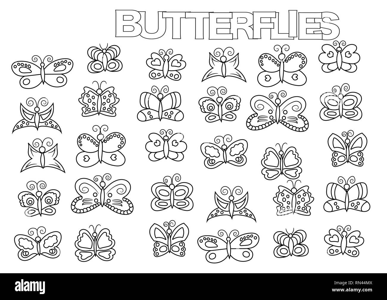 Hand drawn butterflies set. Coloring book page template. Outline doodle ...