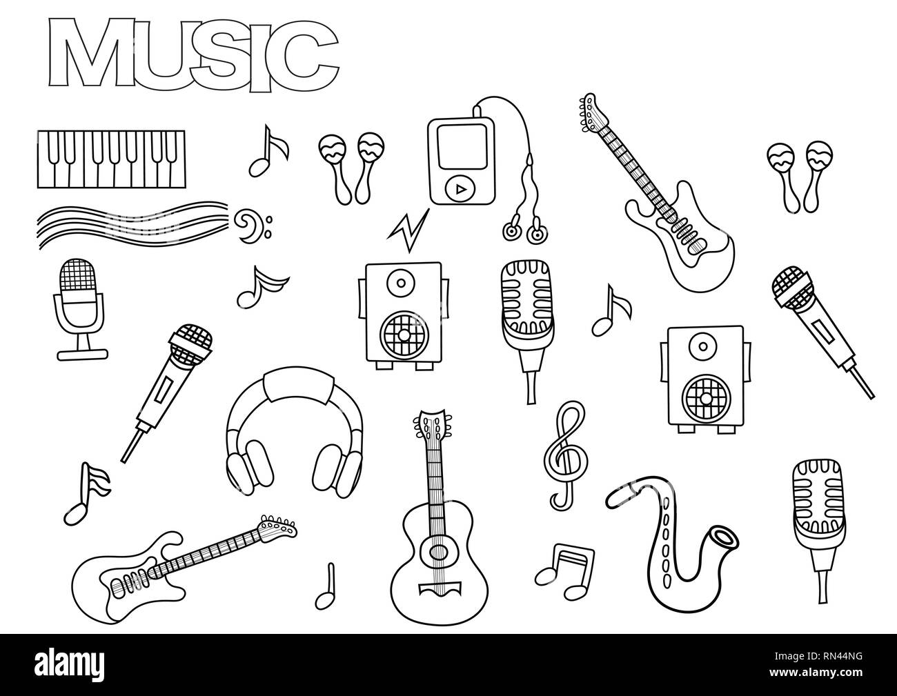 Hand drawn music set. Coloring book page template. Outline doodle ...