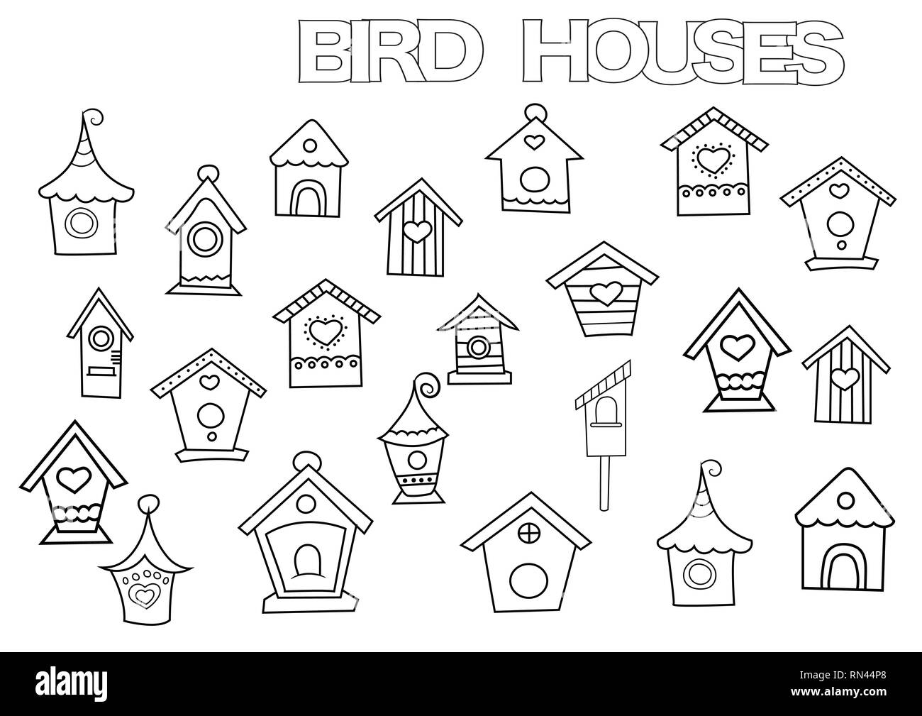Hand drawn bird houses set. Coloring book page template. Outline doodle ...