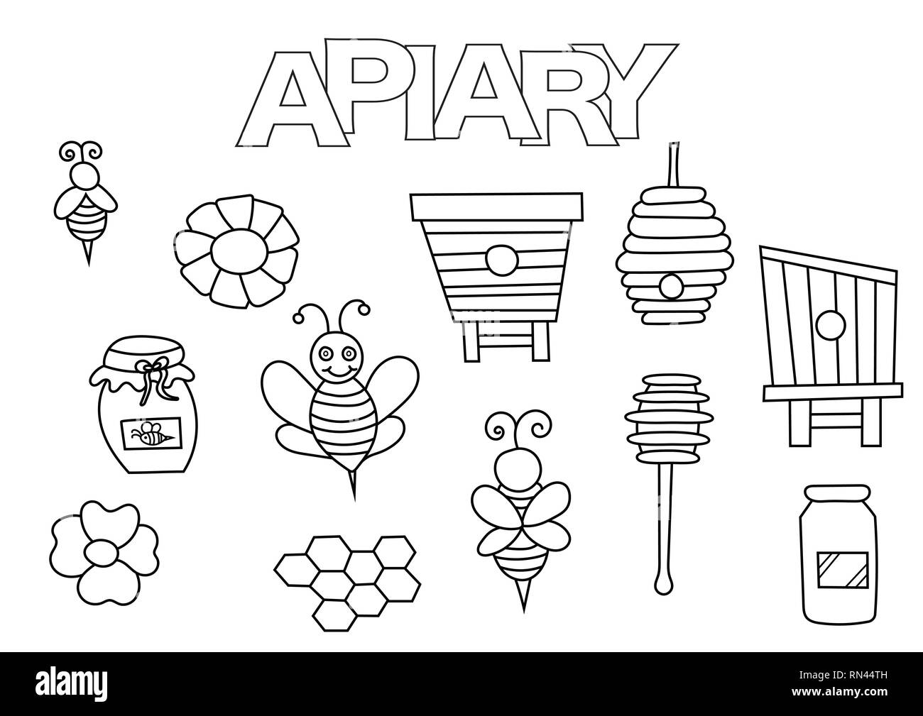 Apiary bees and honey elements hand drawn set. Coloring book template ...