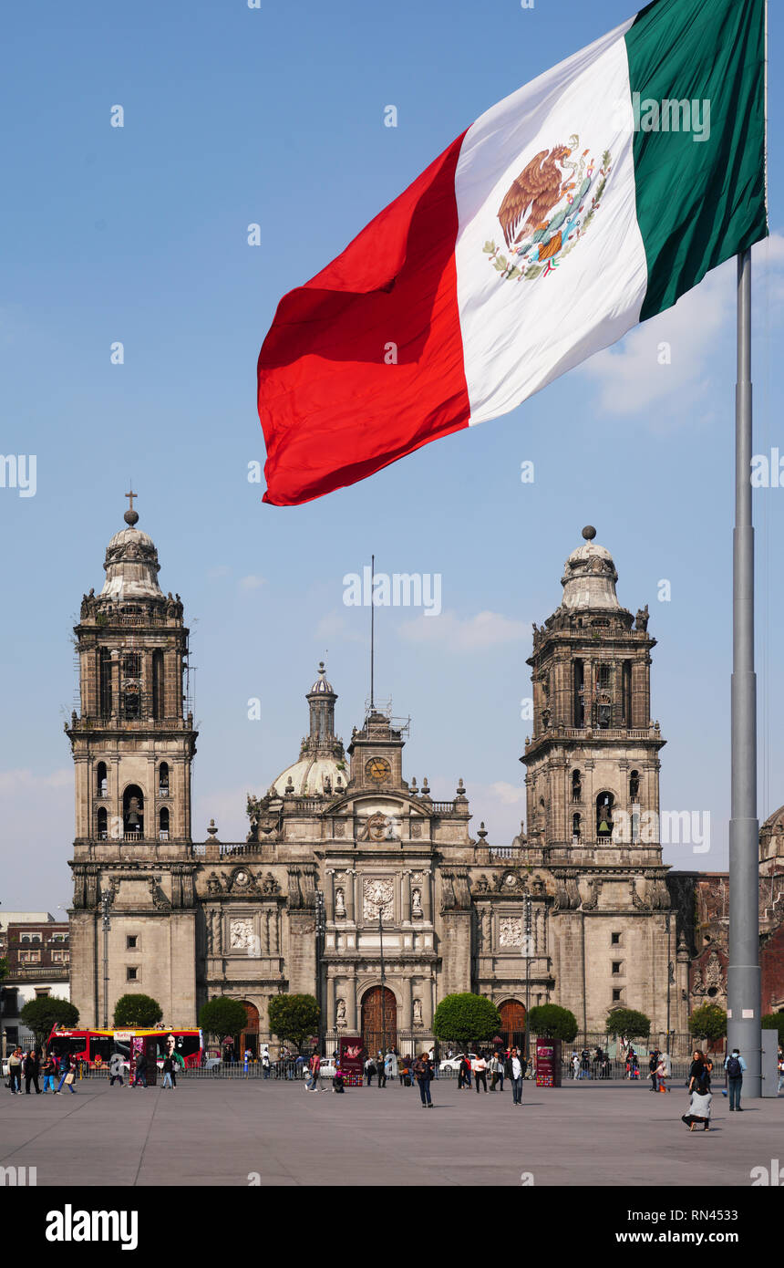 Mexican flag zocalo cathedral mexico city mexico hi-res stock ...