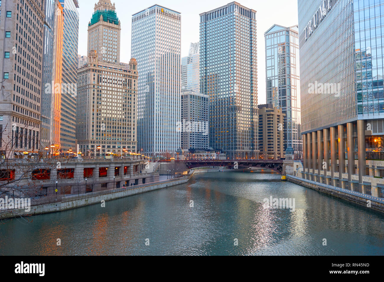 CHICAGO, IL - CIRCA MARCH, 2016: Chicago River at twilight. The Chicago ...