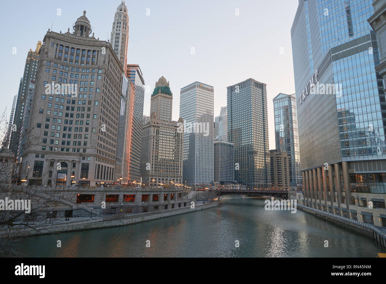 CHICAGO, IL - CIRCA MARCH, 2016: Chicago River at twilight. The Chicago ...