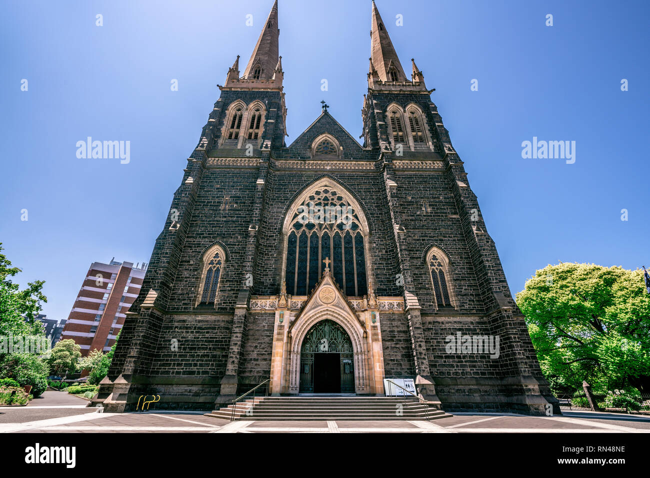 Front view of the facade of St Patrick's Cathedral a Roman Catholic ...