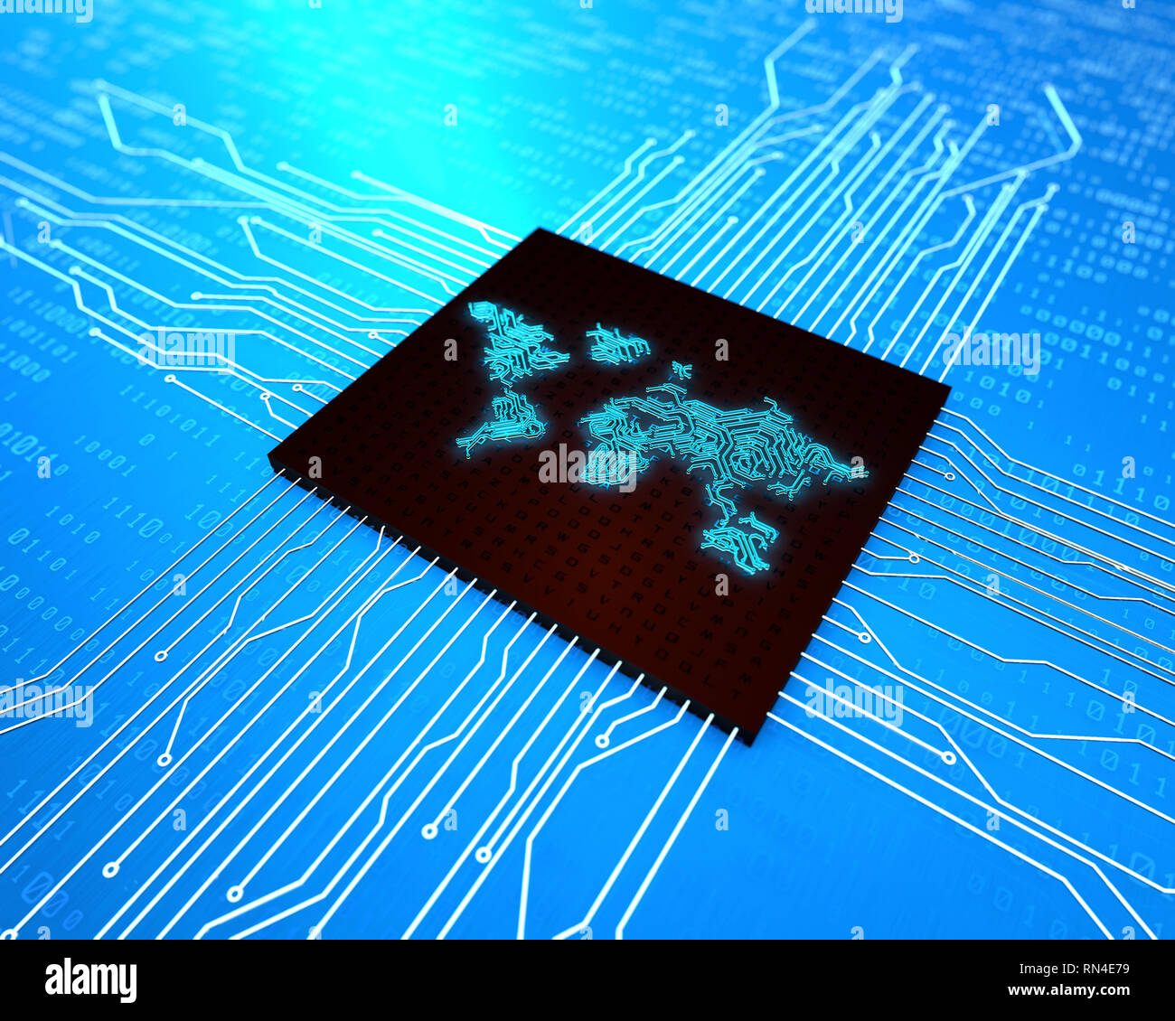Circuit board and world map, electronic network technology Stock Photo ...