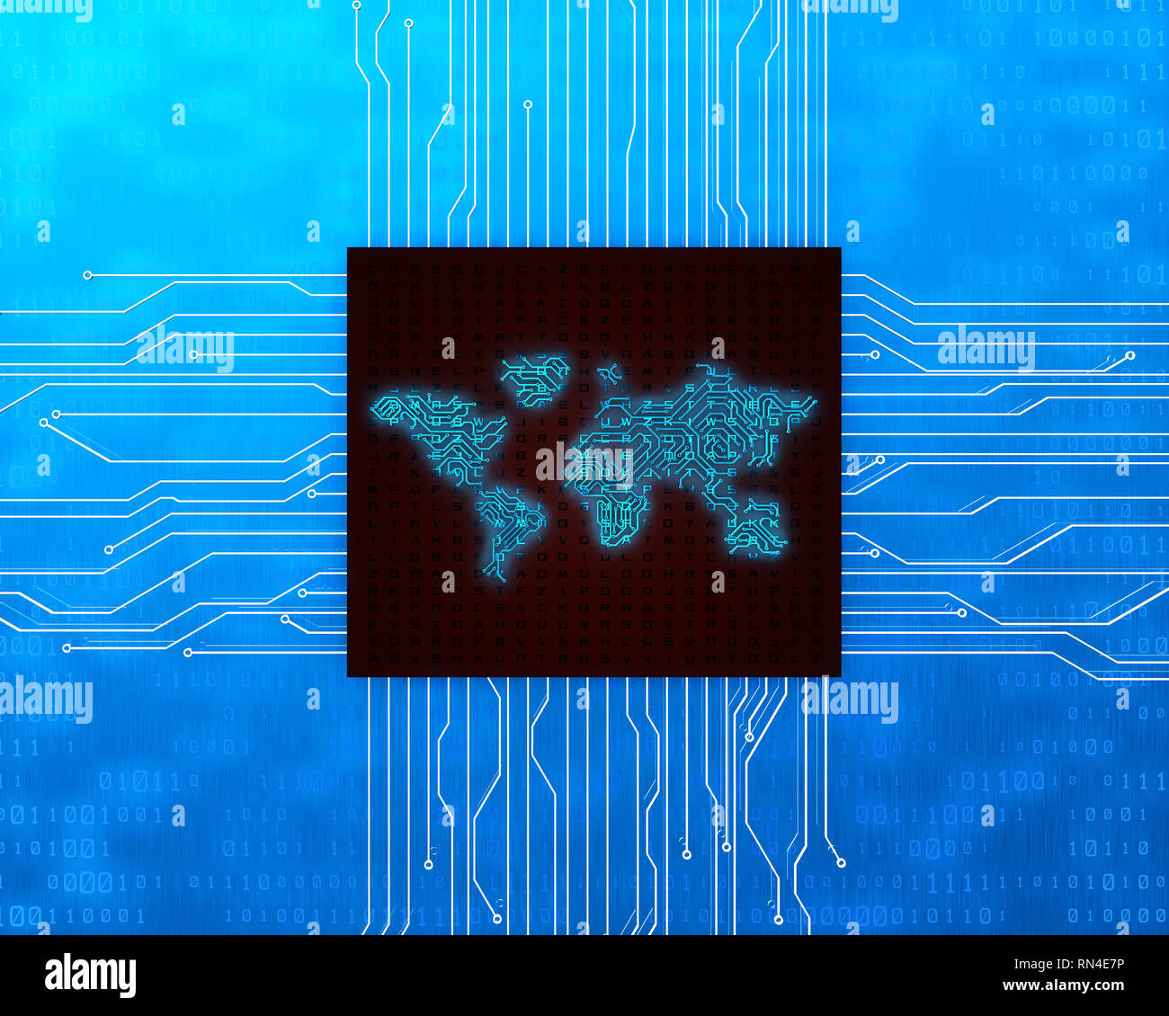 Circuit board and world map, electronic network technology Stock Photo ...