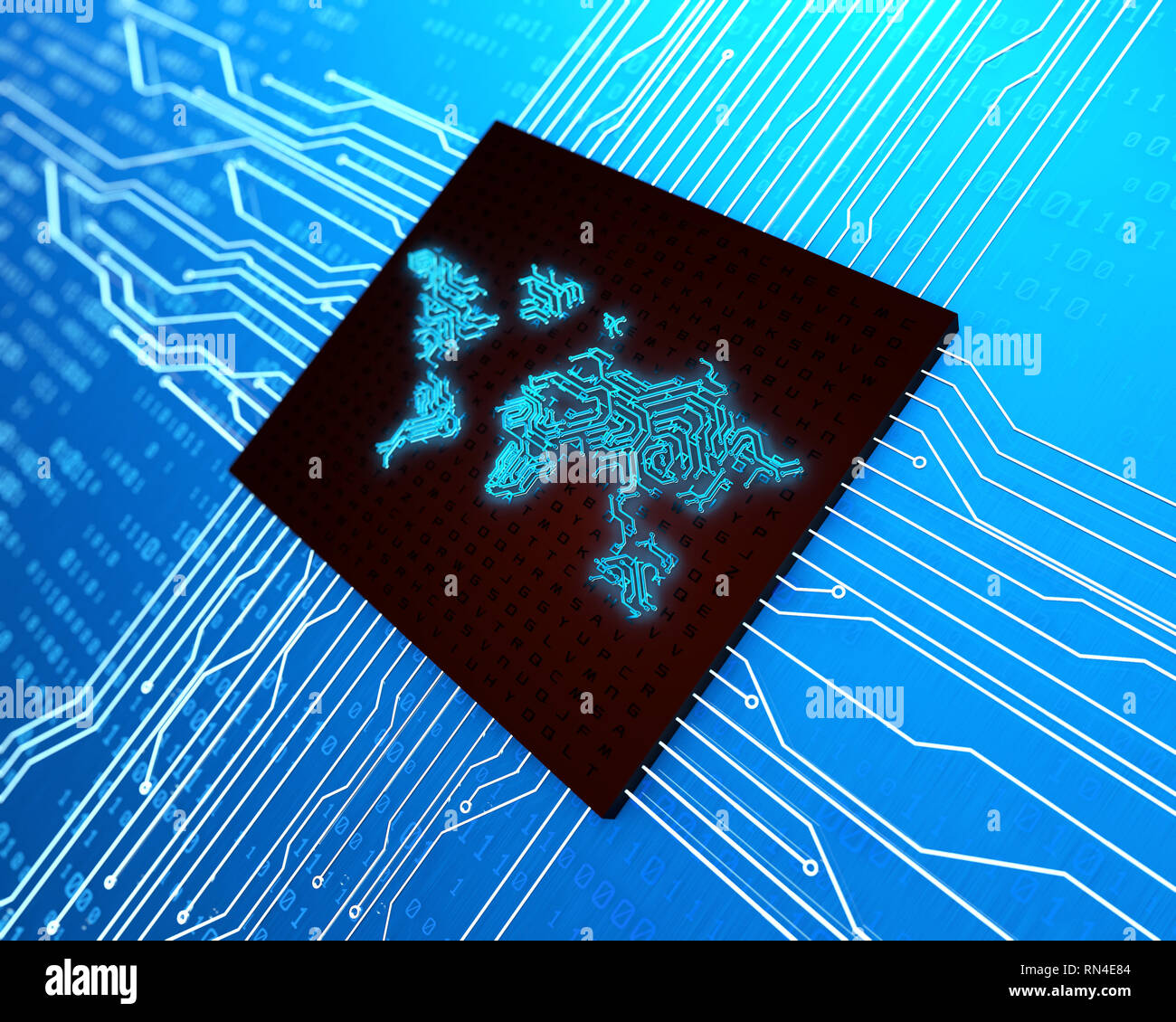 Circuit board and world map, electronic network technology Stock Photo ...