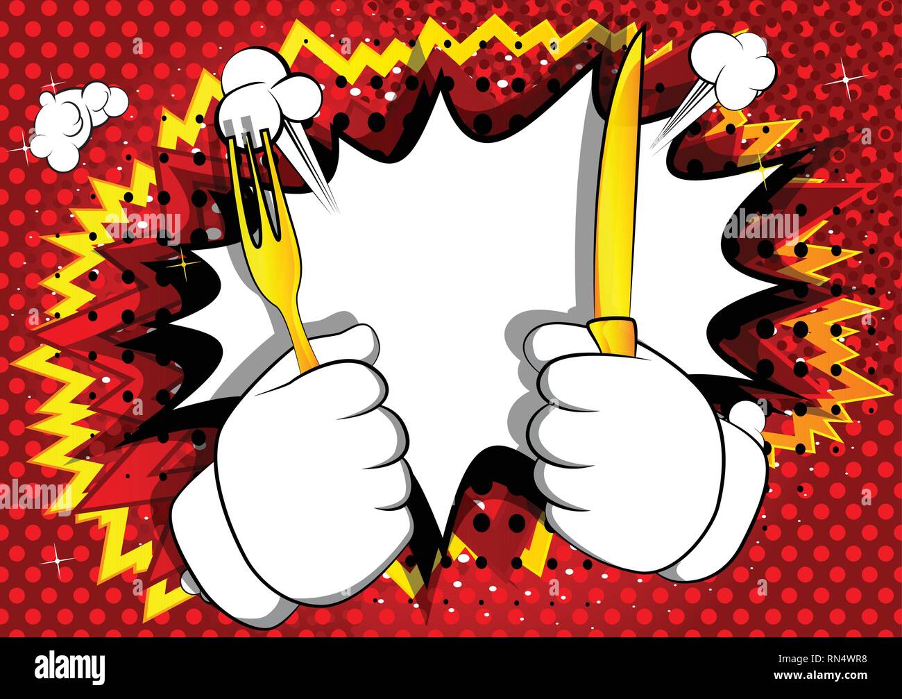 Vector cartoon hand holding up a knife and fork. Illustrated hand ...
