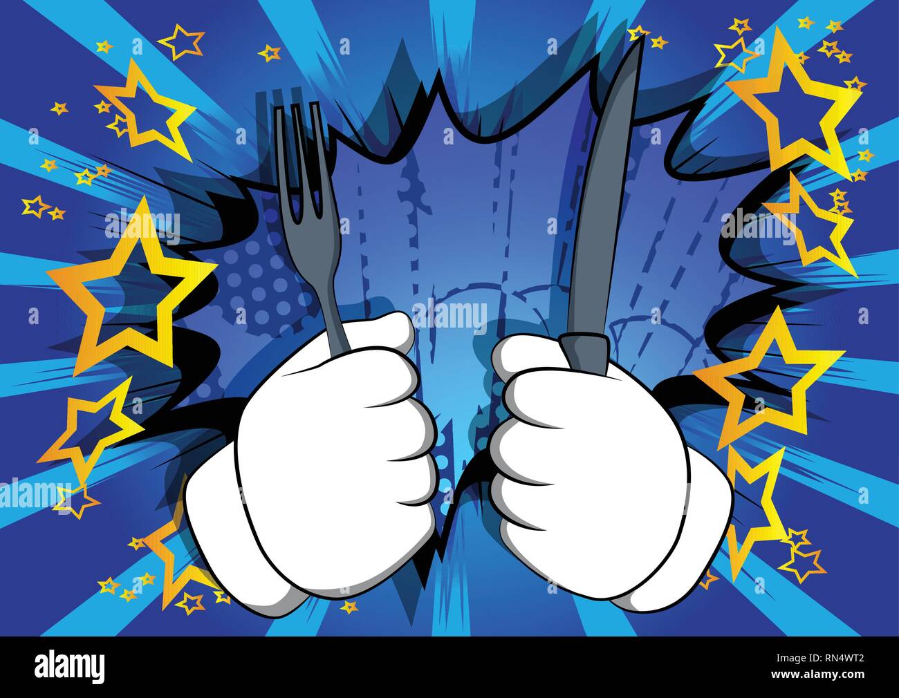 Vector cartoon hand holding up a knife and fork. Illustrated hand ...