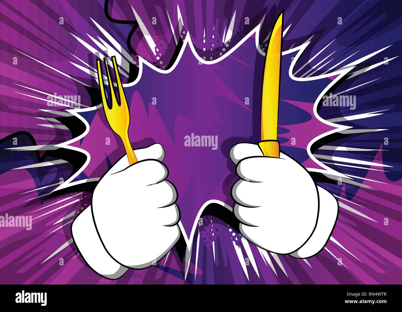 Vector cartoon hand holding up a knife and fork. Illustrated hand ...