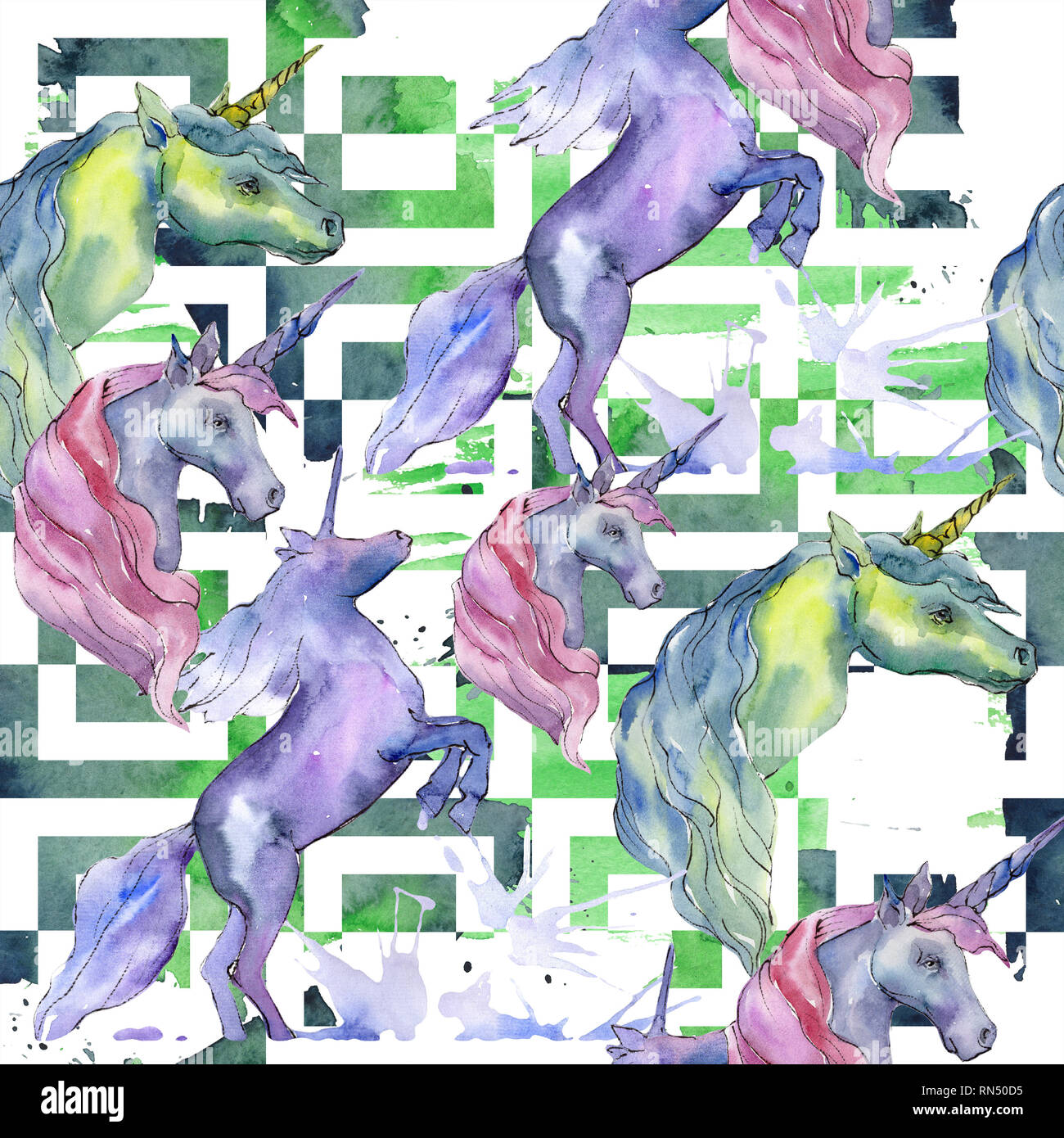 Cute unicorn horse animal horn character. Watercolor background ...