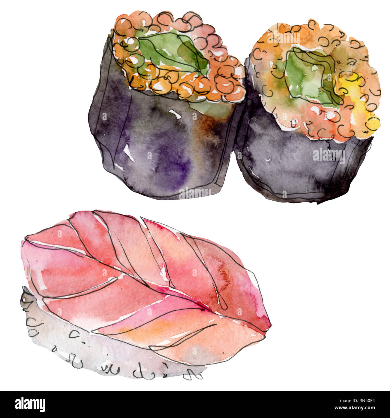 Watercolor sushi set of beautiful tasty japanese food illustration ...