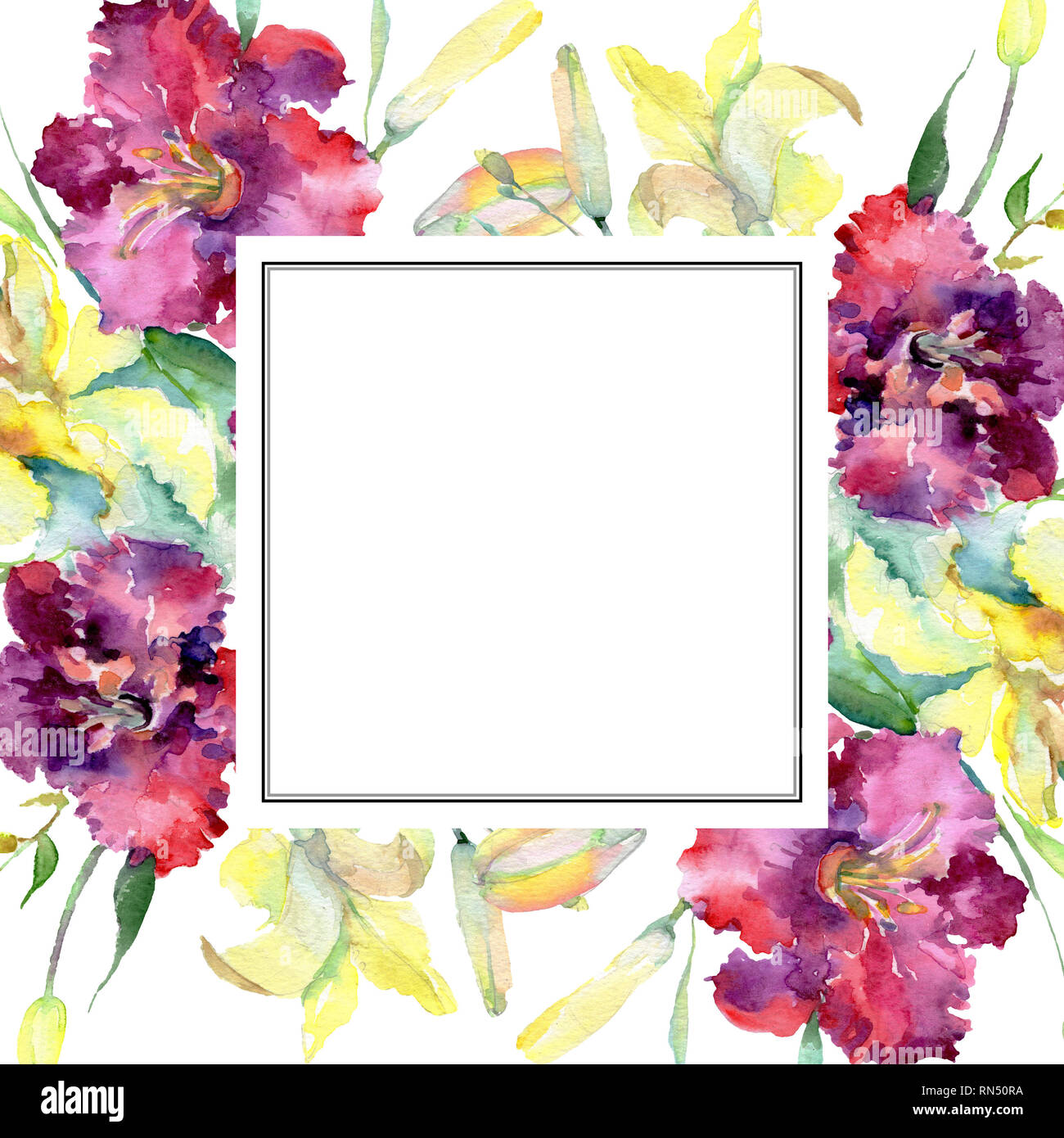 Bouquet of yellow and maroon lilies flower. Watercolor background ...