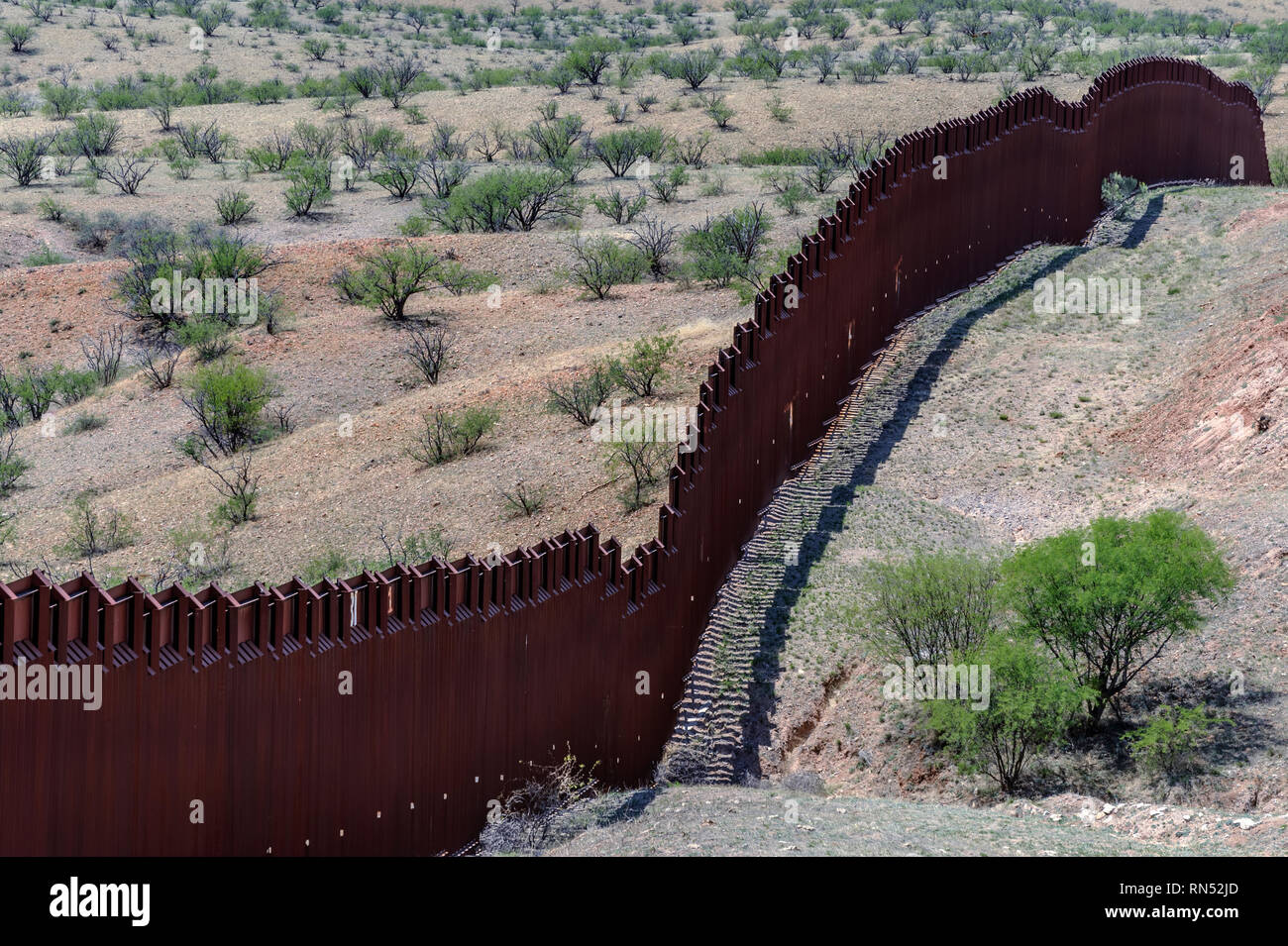 US border fence on Mexico boundary, bollard pedestrian barrier, from US ...