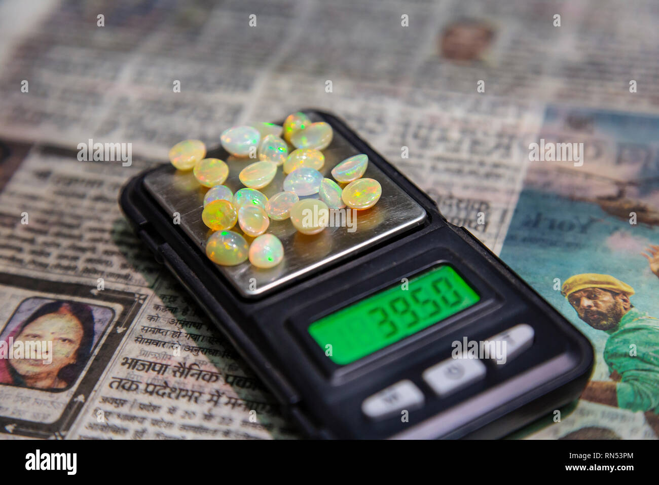 Jaipur in Rajasthan, India, January 21, 2019: Processed opals stones on ...