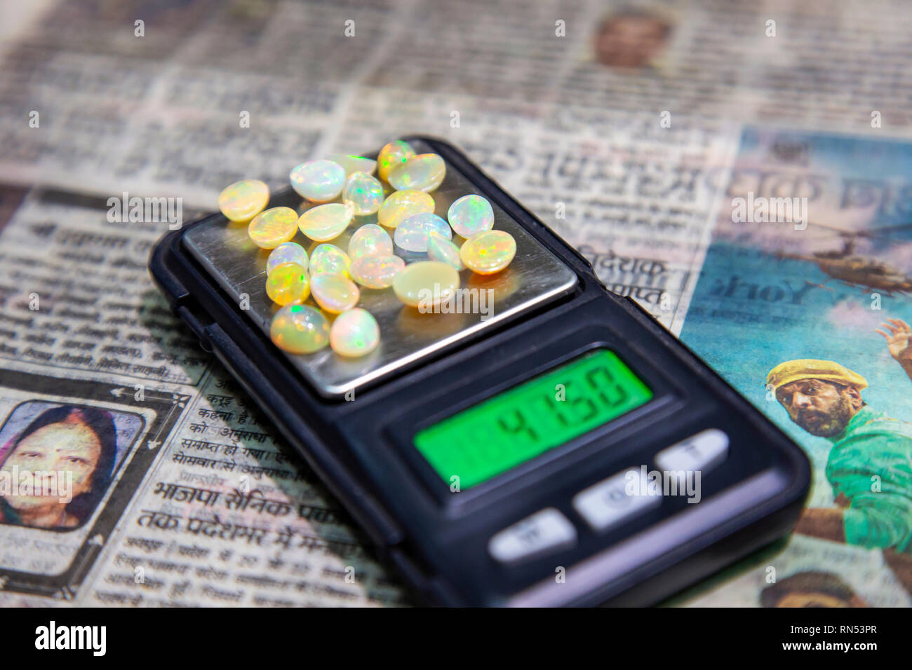 Jaipur in Rajasthan, India, January 21, 2019: Processed opals stones on ...
