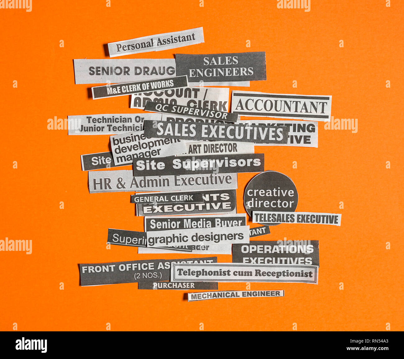 Jobs or careers concept: multiple job titles or occupations cut off ...