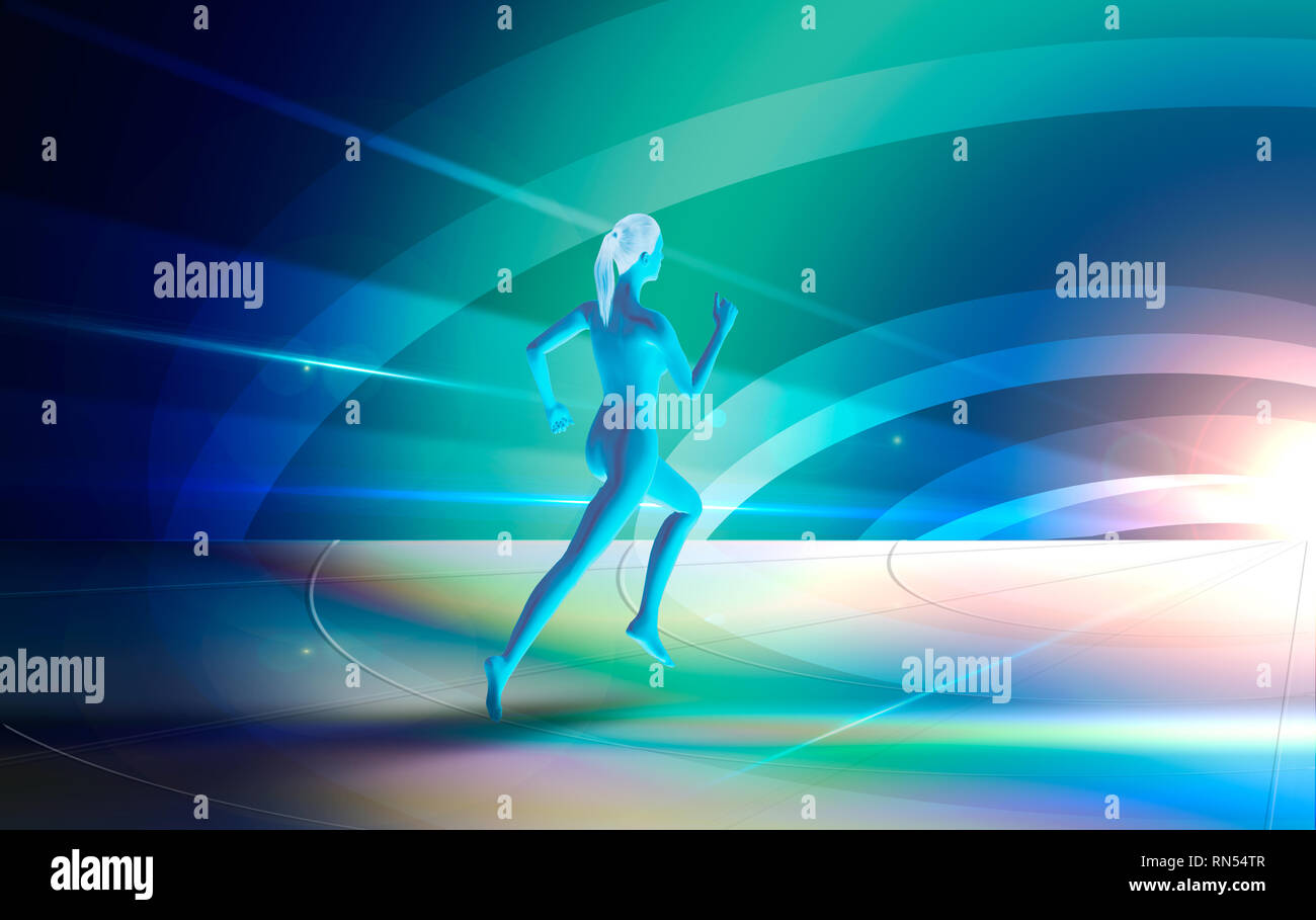 Woman running in colorful background, hi-tech illustration Stock Photo ...