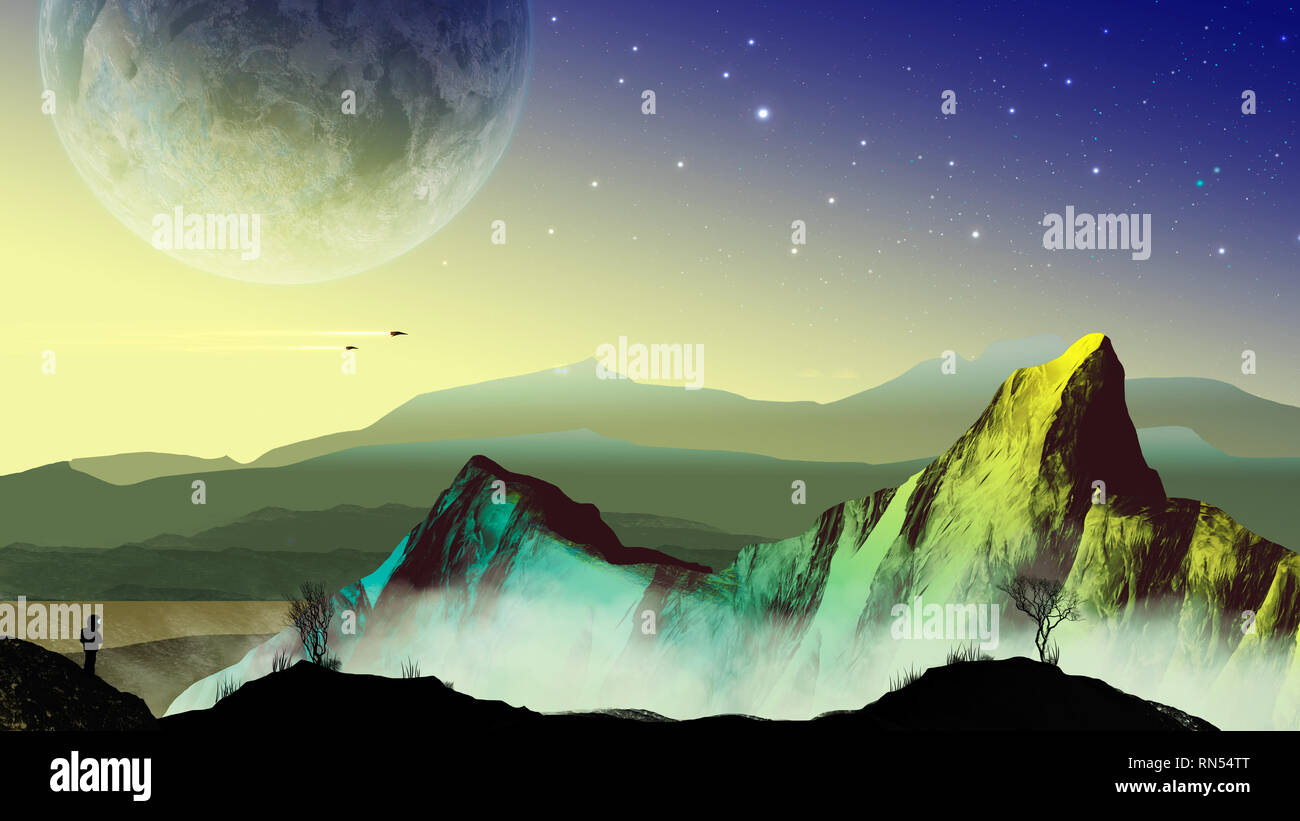 Explorer astronaut in sci-fi landscape with planet, mountains and trees ...