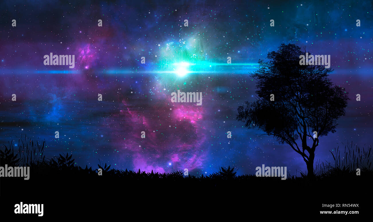 Space scene. Blue and violet nebula with and land silhouette. Elements ...
