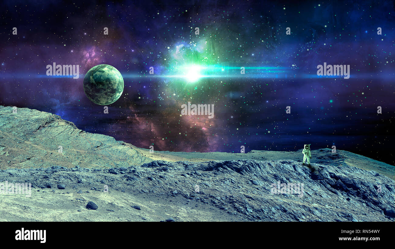 Space scene. Colorful nebula with planet, land and astronaut. Elements ...