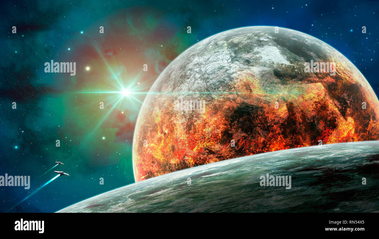 Space scene. Blue nebula with planet in fire and two spaceships ...