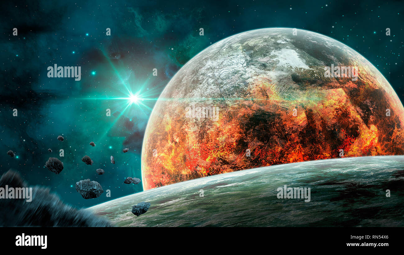 Space scene. Blue nebula with planet in fire and asteroids. Elements ...