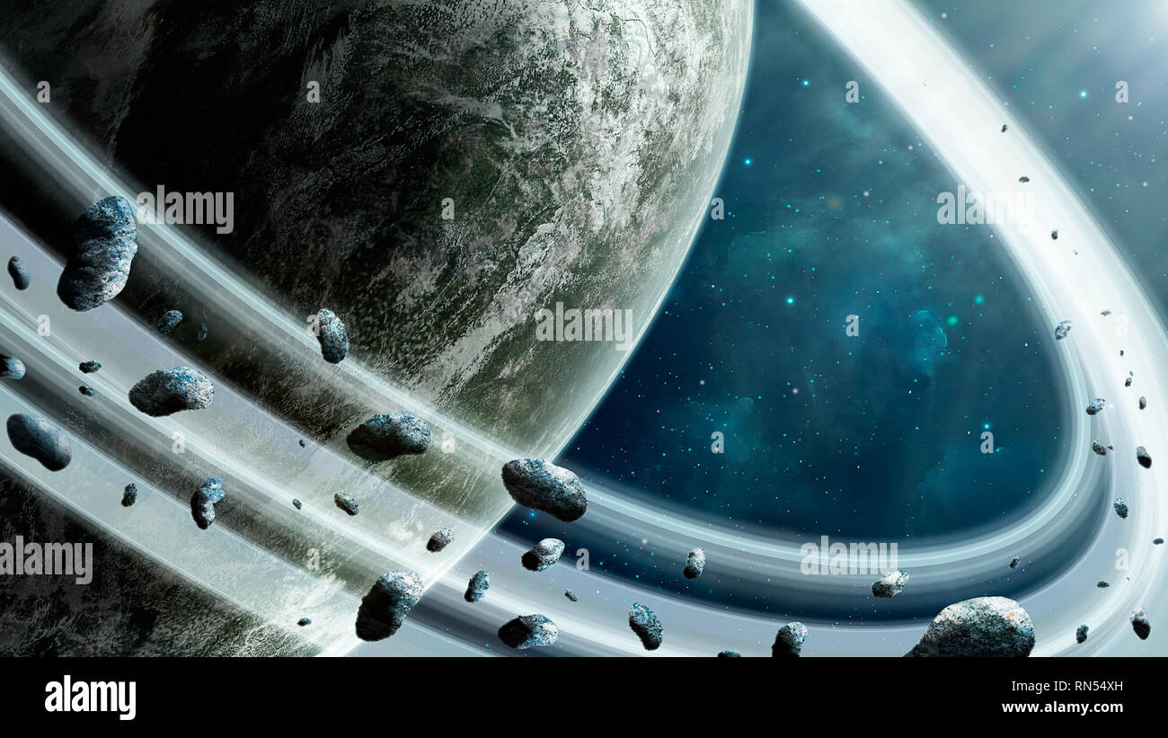 Space scene. Blue nebula with planet, asteroids and planetary ring. Elements furnished by NASA ...