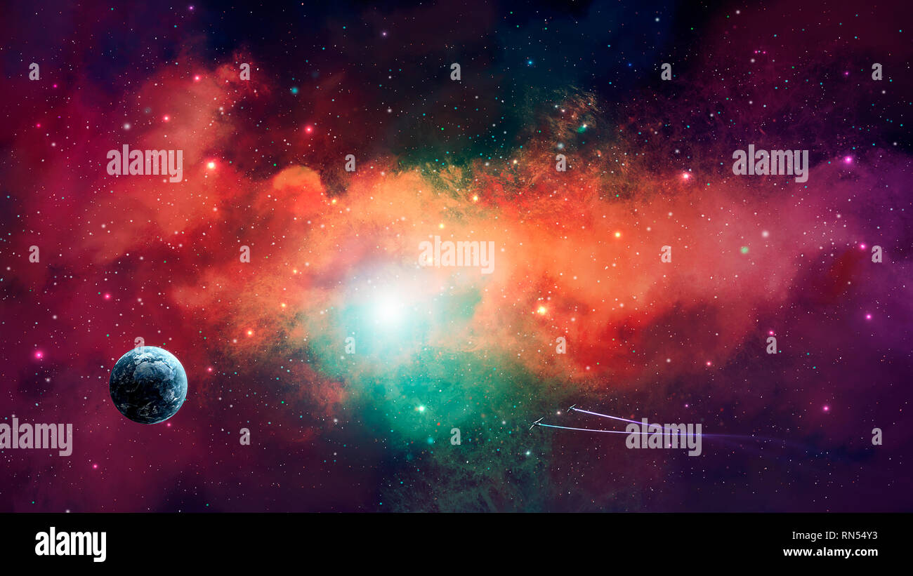 Space scene. Colorful nebula with Earth planet and spaceships. Elements ...