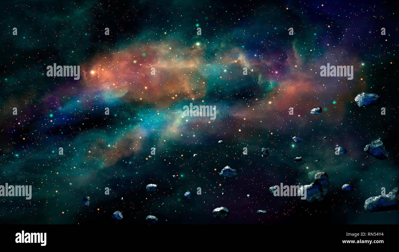 Space scene. Colorful nebula with asteroids. Elements furnished by NASA. 3D rendering Stock ...