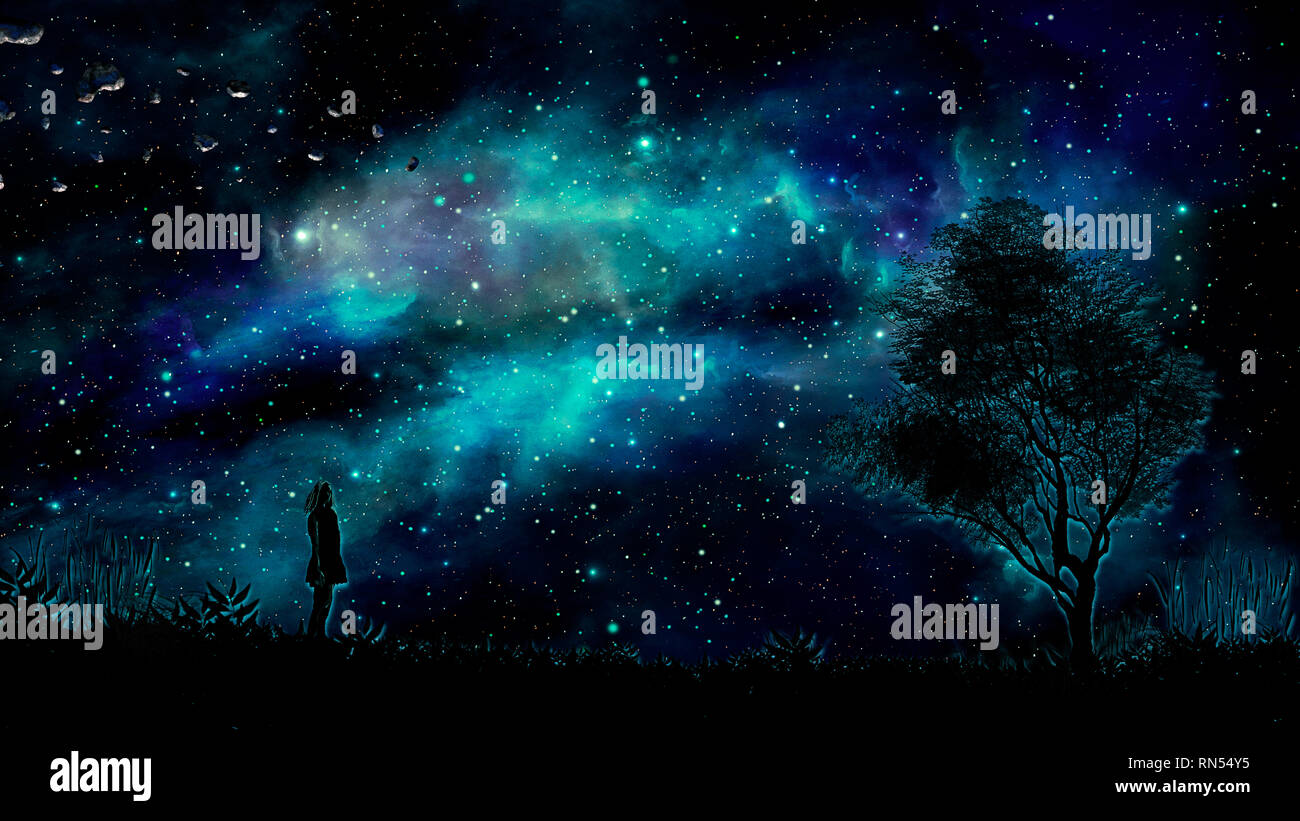 Space scene. Blue nebula with small girl and land silhouette. Elements ...