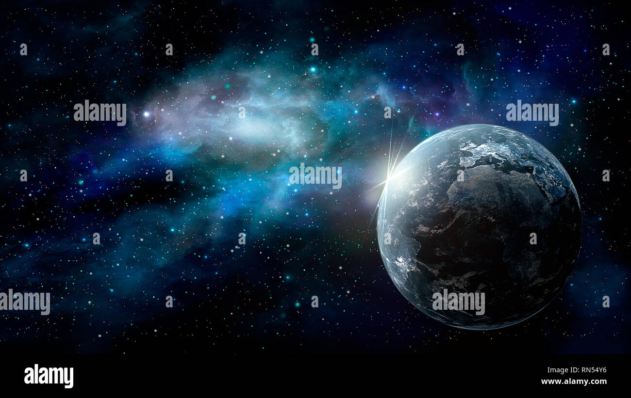 Space scene. Earth planet with blue nebula. Elements furnished by NASA ...