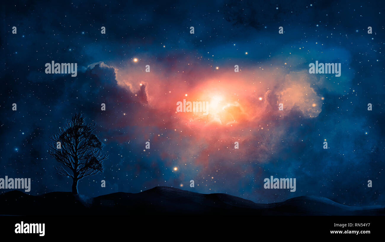 Space scene. Blue and orange nebula with planet land silhouette ...