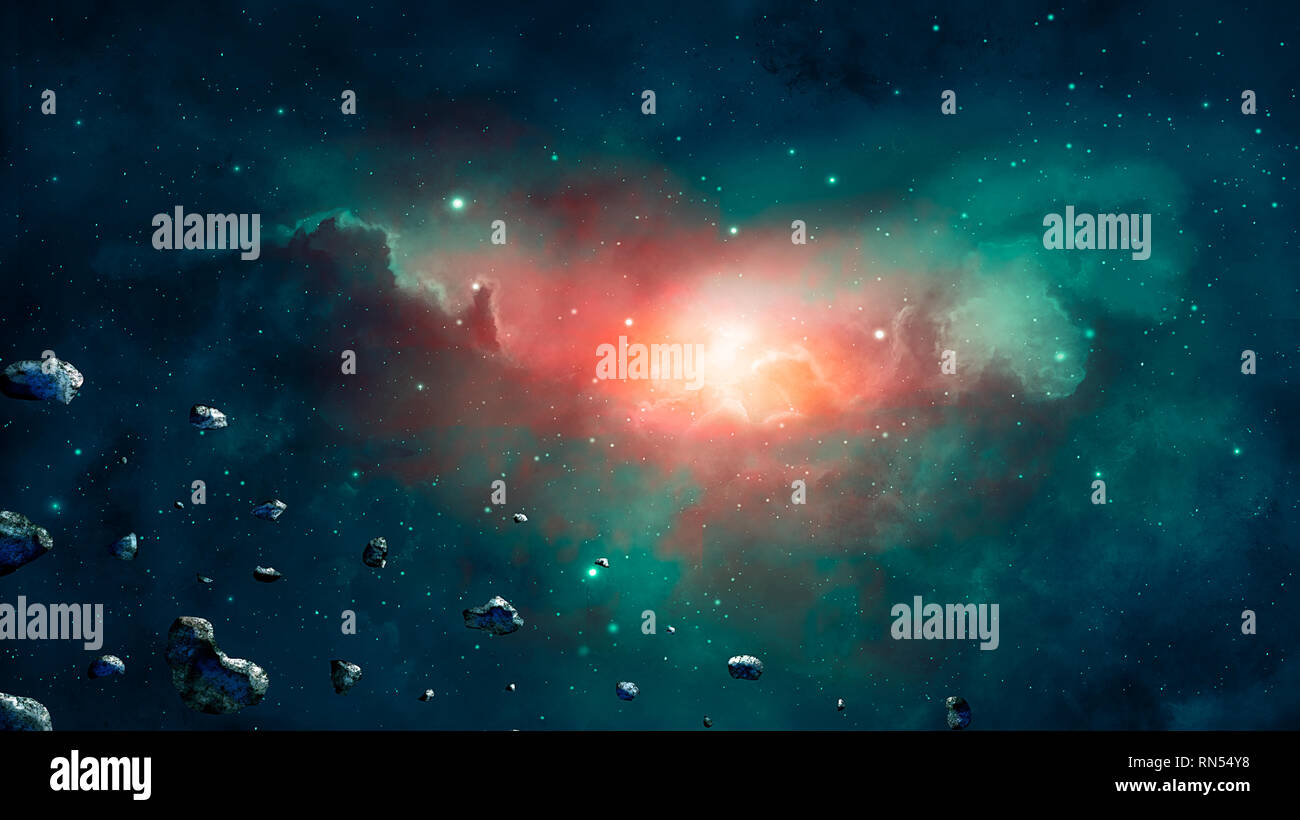 Space scene. Blue and red nebula with asteroids. Elements furnished by ...