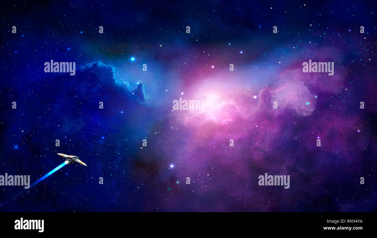Space scene. Blue and violet nebula with spaceship. Elements furnished ...