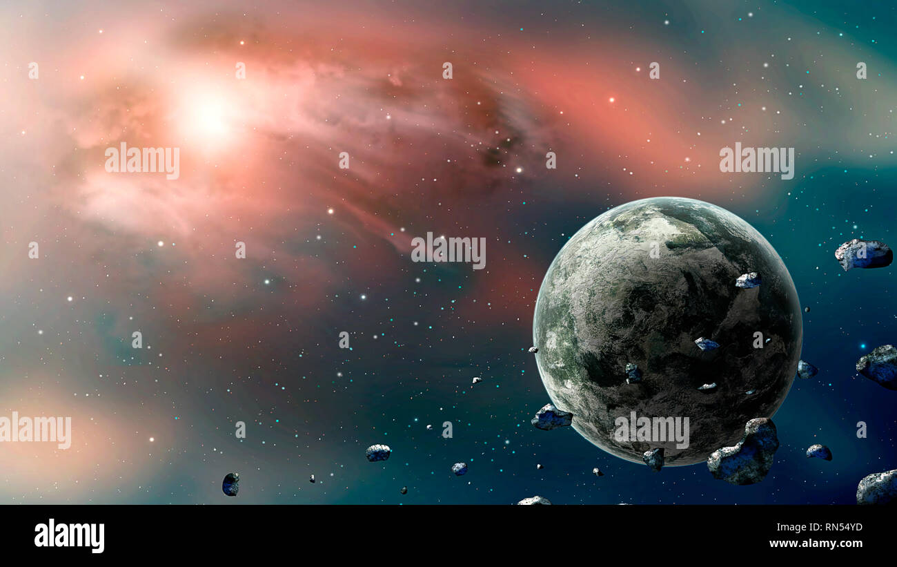 Space scene. Blue and blue nebula with planet and asteroids. Elements ...