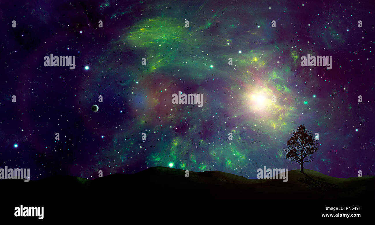 Space scene.Colorful nebula with land and small planet. Elements ...